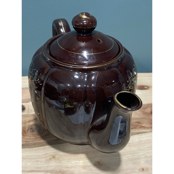 Art | Brown Betty Redware Tea Pot 5 Hand Painted Moriage Enamel Made In ...